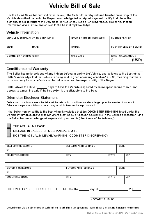 Free Vehicle Bill Of Sale - Free Printable Documents