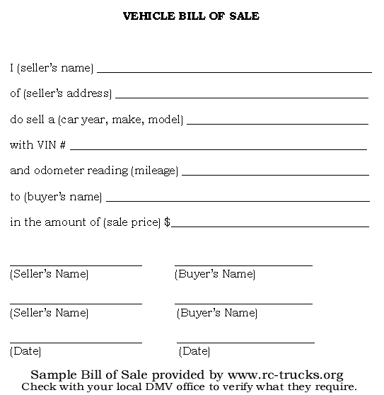 Bill Of Sale Form For Car - Free Printable Documents