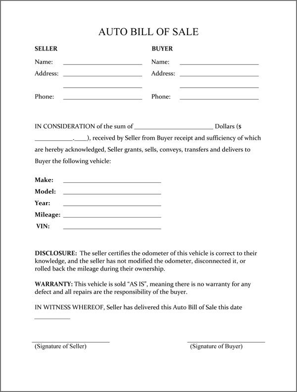 Bill Of Sale Form For Car - Free Printable Documents