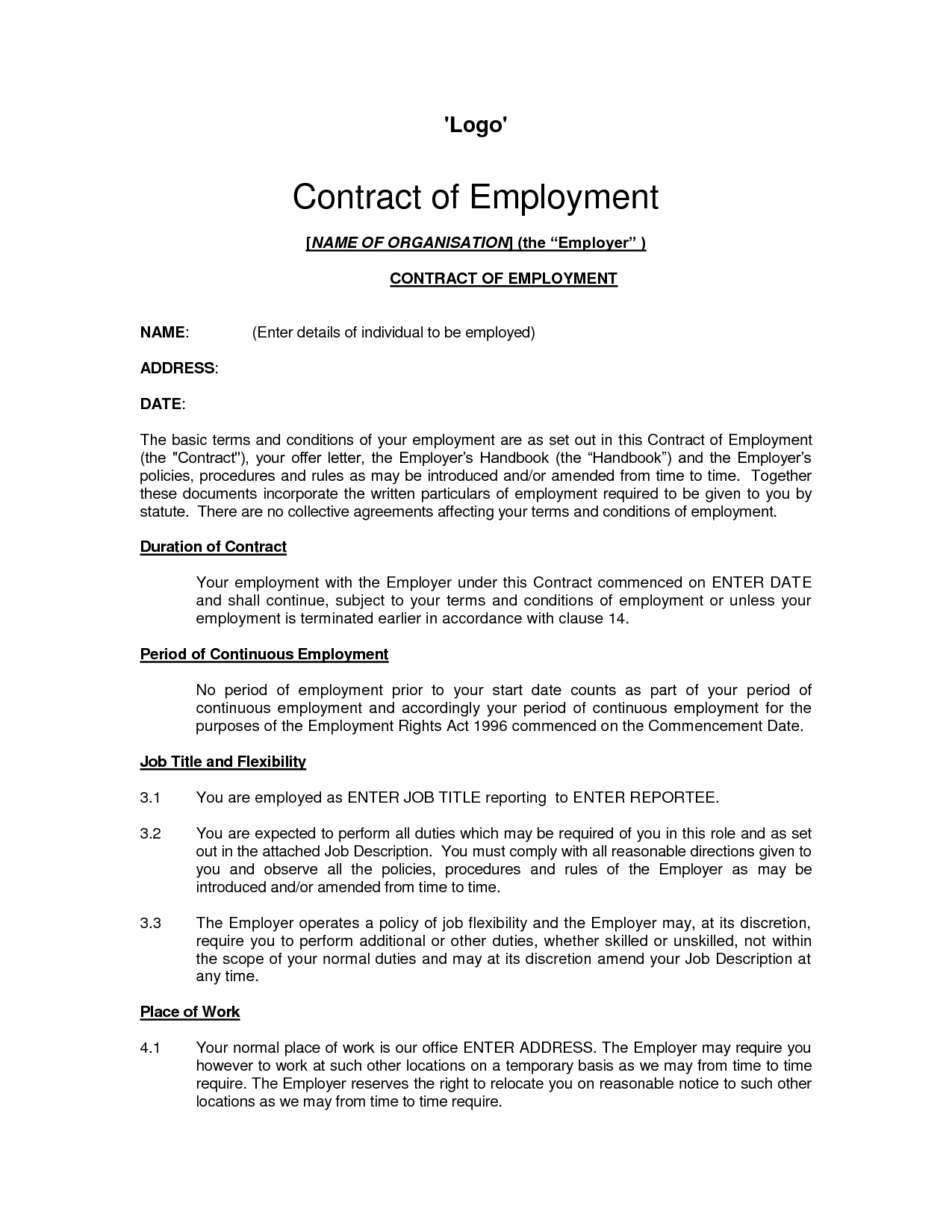 Employment Contract Sample - Free Printable Documents