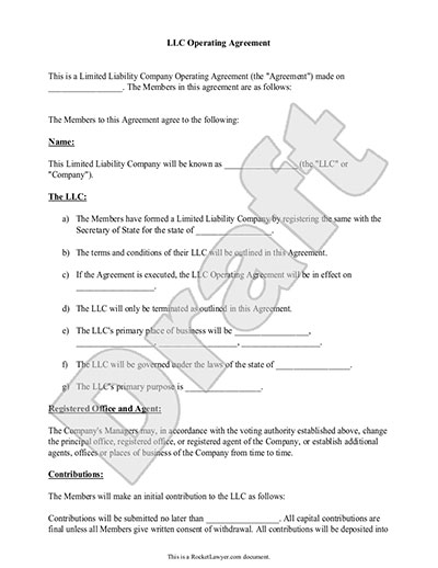 Example Of Llc Operating Agreement - Free Printable Documents
