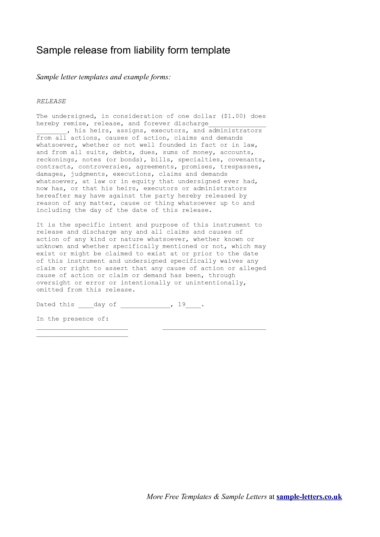 Liability Form Template - Free Printable Documents