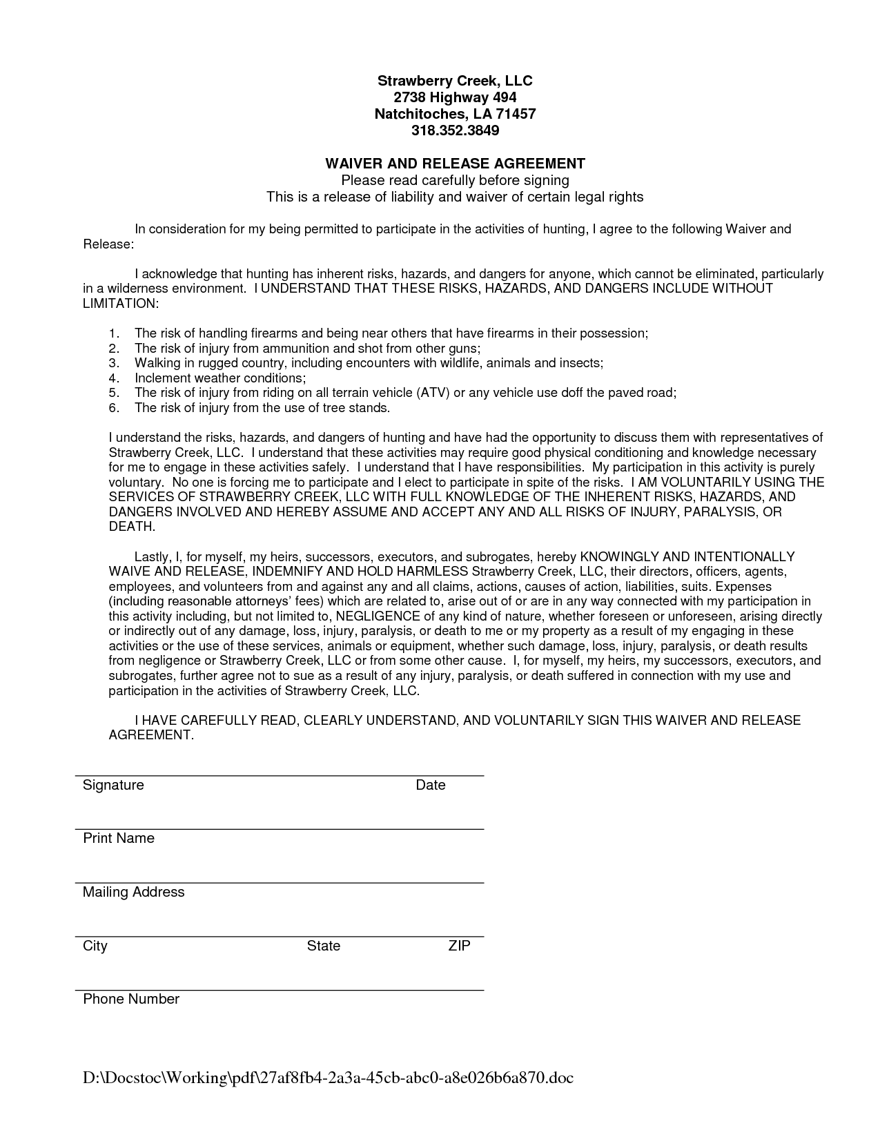 Liability Waiver Form Template - Free Printable Documents