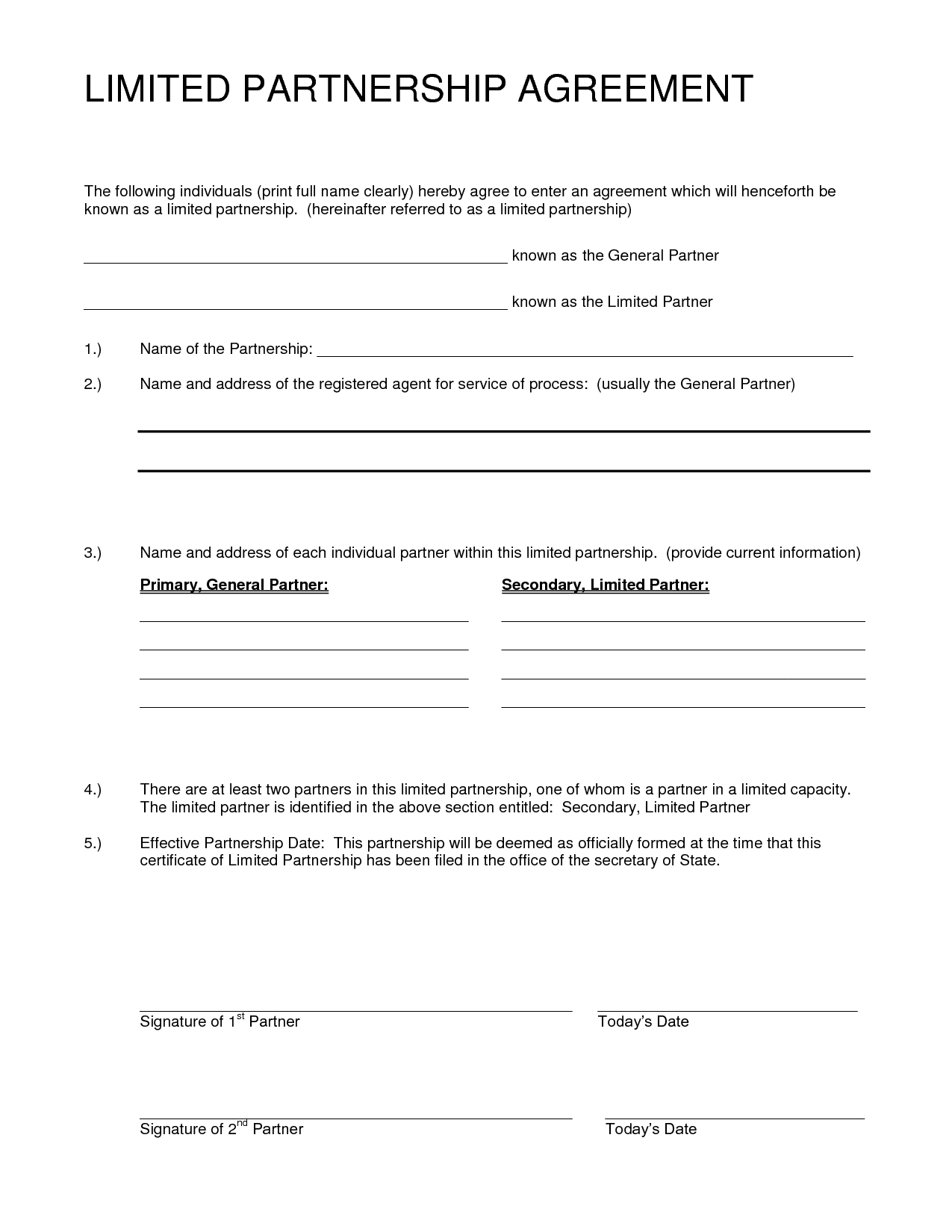 Limited Partnership Agreement Sample - Free Printable Documents
