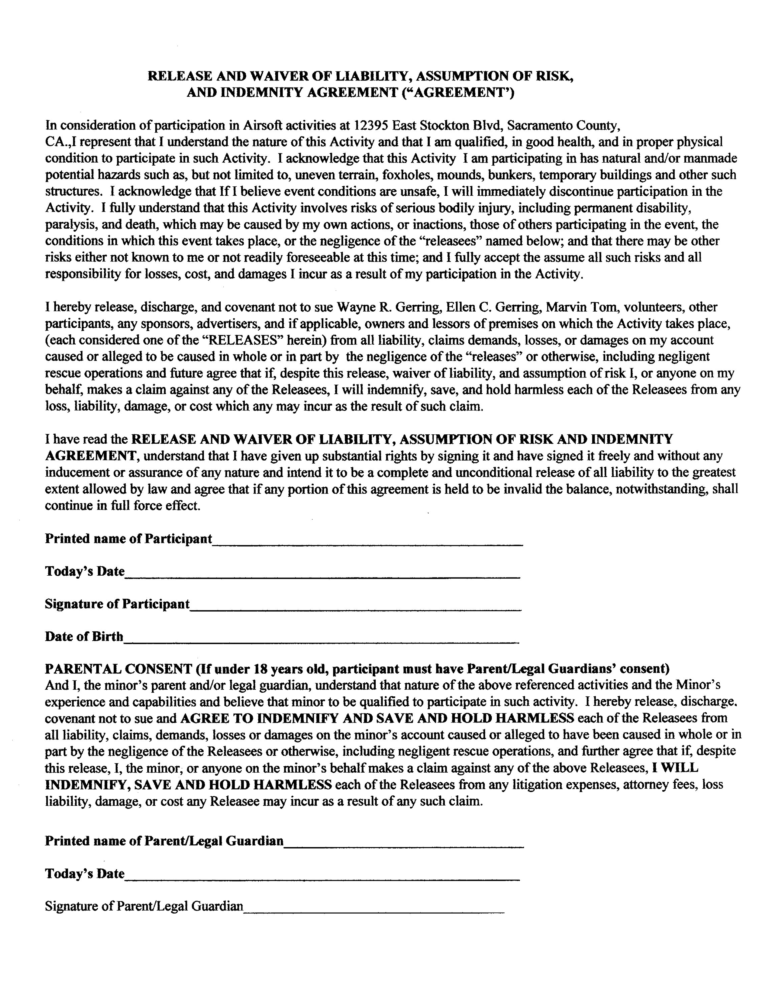 Release And Waiver Of Liability Agreement - Free Printable Documents