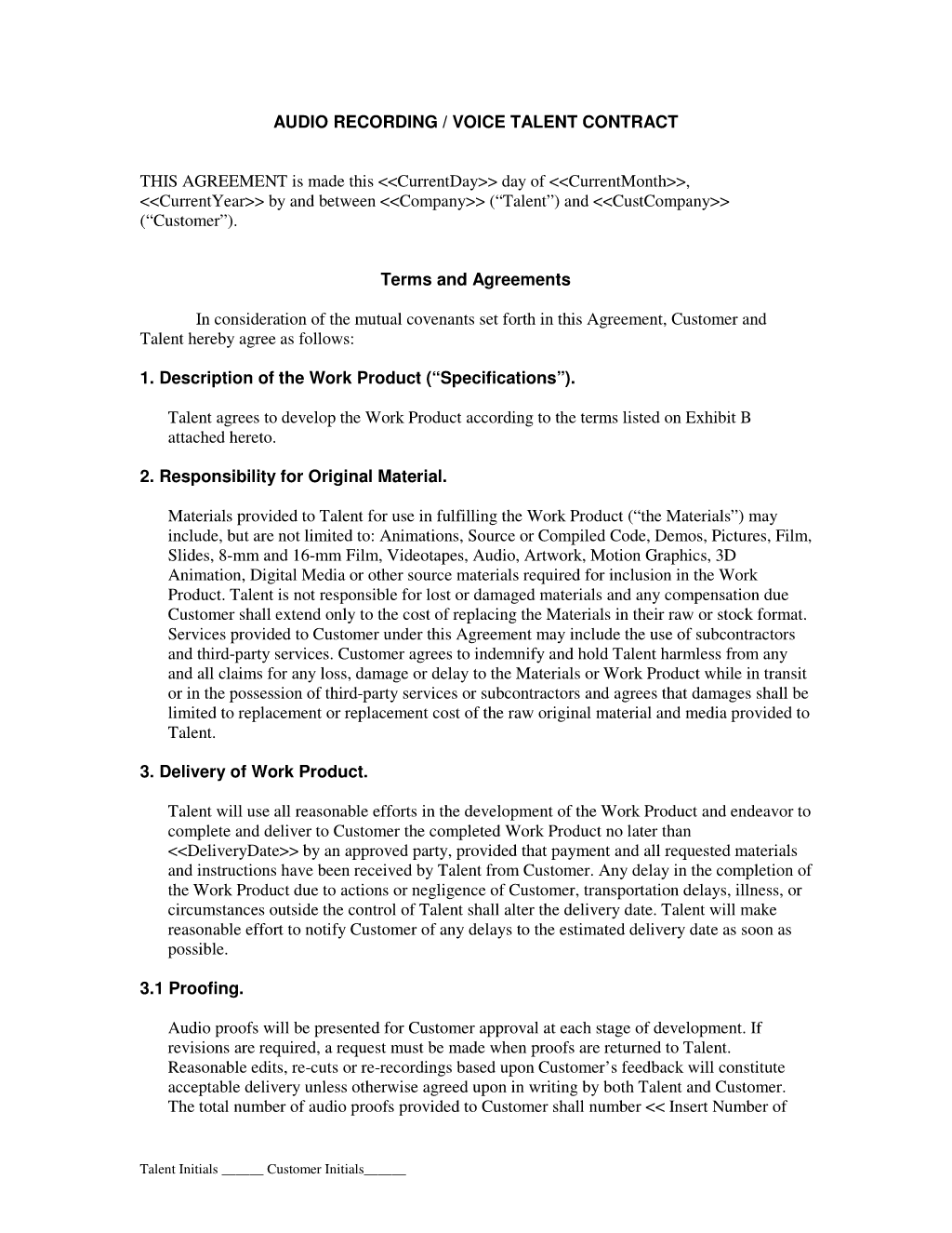 Talent Contract - Free Printable Documents