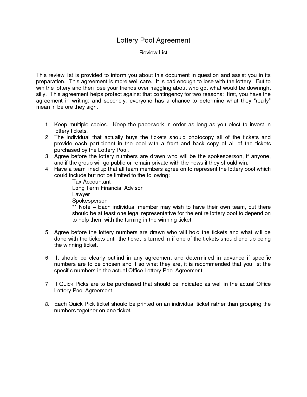 lottery group agreement form - Free Printable Documents