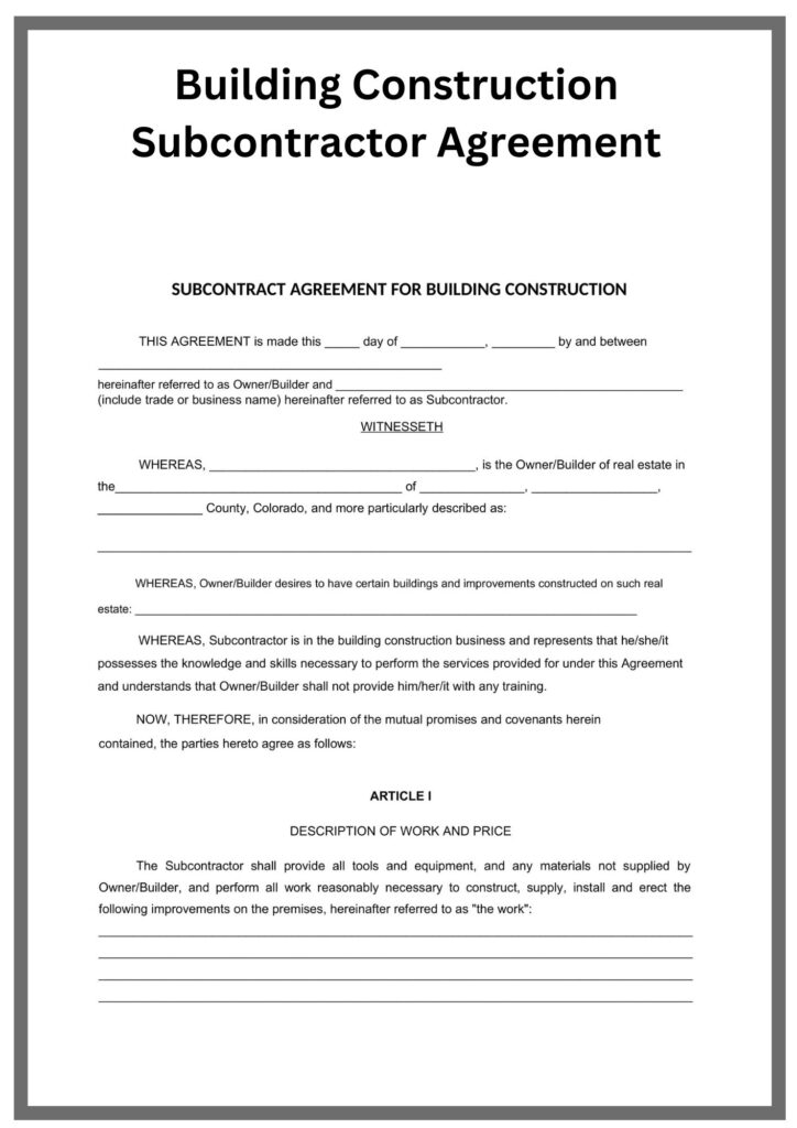 Subcontractor Agreement Form - Free Printable Documents